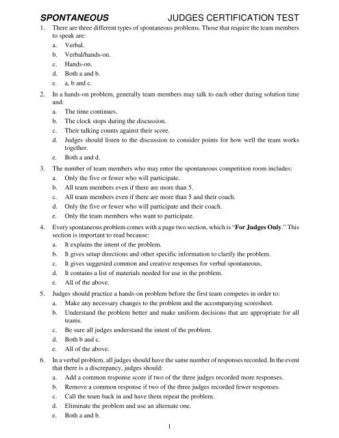 spontaneous judges certification test - Odyssey of the Mind