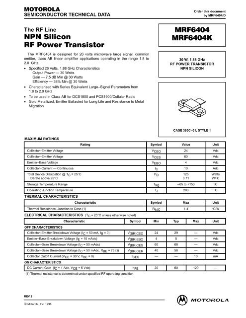 NPN Silicon RF Power Transistor MRF6404 MRF6404K