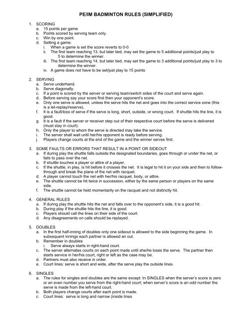 PE/IM BADMINTON RULES (SIMPLIFIED)