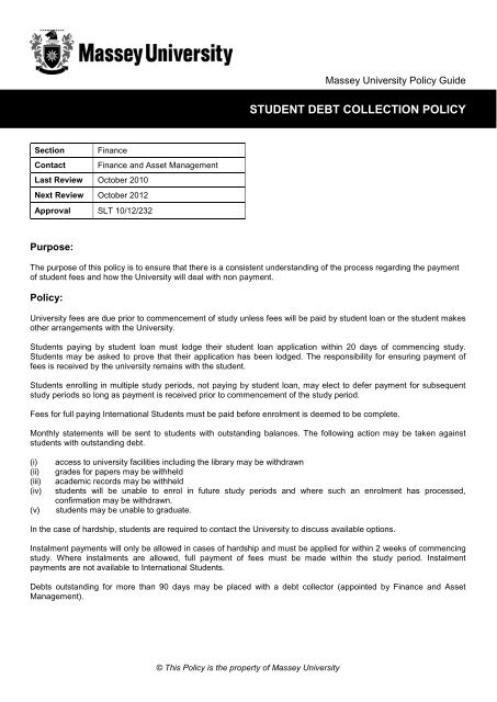 Student Debt Collection Policy - Massey University