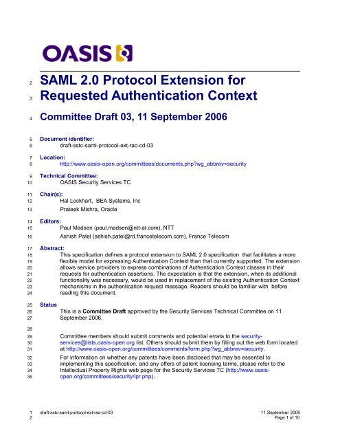SAML 2.0 Protocol Extension for Requested Authentication Context