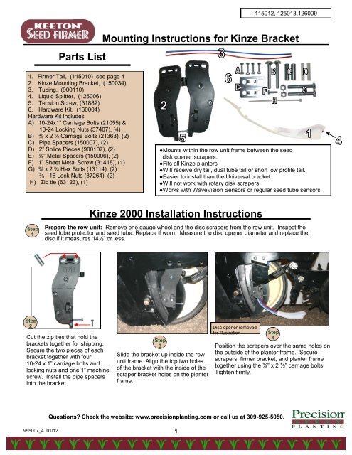 Mounting Instructions for Kinze Bracket Kinze ... - Precision Planting