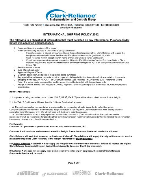 INTERNATIONAL SHIPPING POLICY 2012 - Clark Reliance