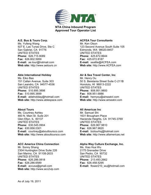 NTA China Inbound Program Approved Tour Operator List