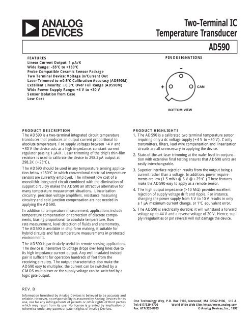 Two-Terminal IC Temperature Transducer AD590 - Datasheet Catalog