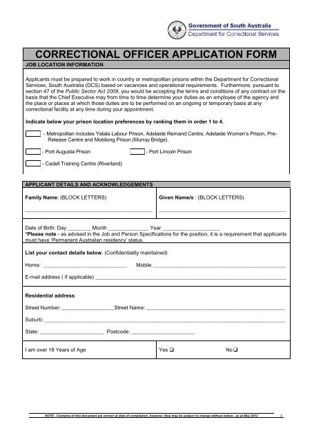 Application Form May 2012 - Department for Correctional Services