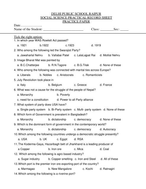 DELHI PUBLIC SCHOOL RAIPUR SOCIAL SCIENCE ... - DPS Raipur