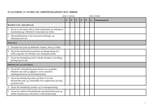 Skjema for Evaluering av styret og administrasjonen sitt ... - Helse Vest