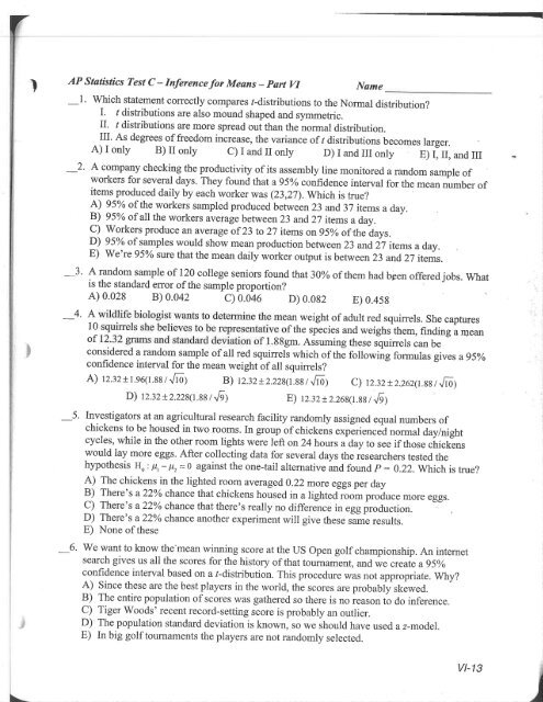 AP Statistics Test C — Inference for Means - Libertyville High School
