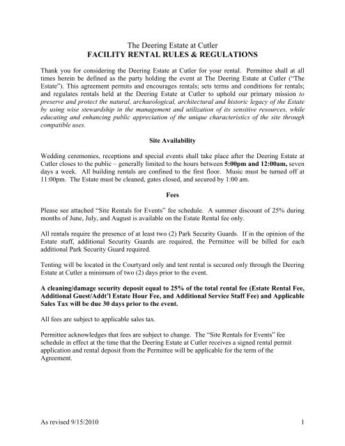 The Deering Estate at Cutler FACILITY RENTAL RULES ...