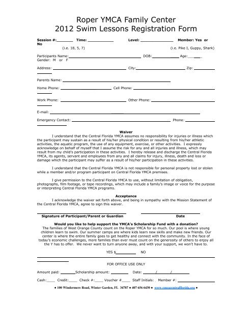 Roper YMCA Family Center 2012 Swim Lessons Registration Form