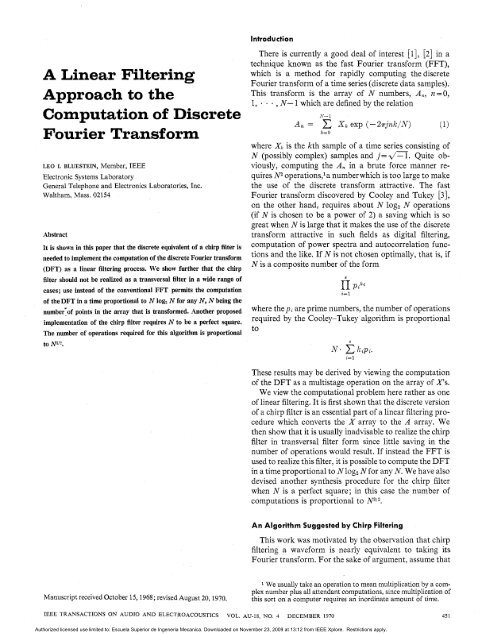 A Linear Filtering Approach To The Computation Of Discrete Fourier