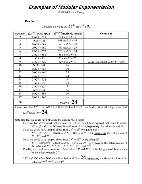 Examples of Modular Exponentiation