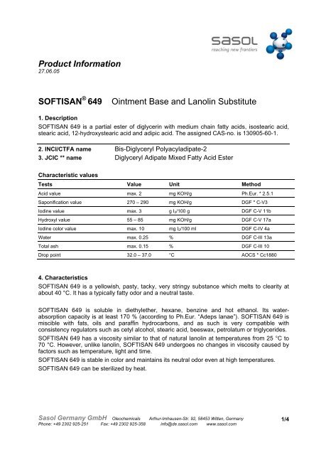 Product Information SOFTISAN 649 Ointment Base and Lanolin ...