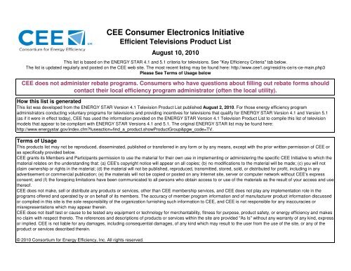 CEE Consumer Electronics Initiative Efficient Televisions Product List