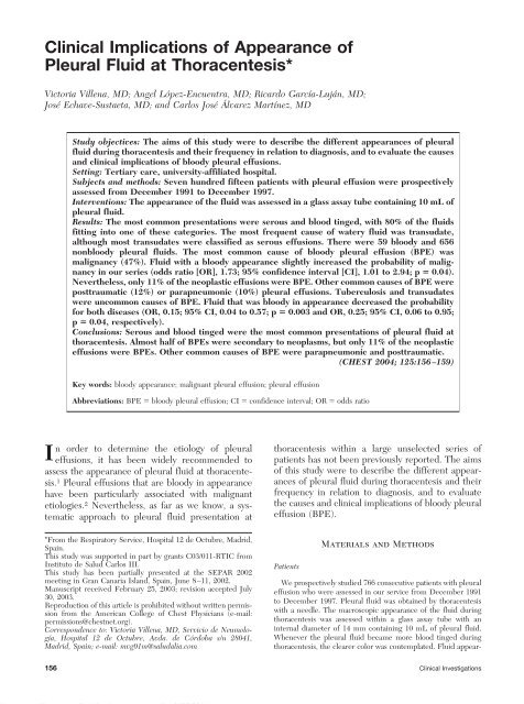 Clinical Implications of Appearance of Pleural Fluid at Thoracentesis*