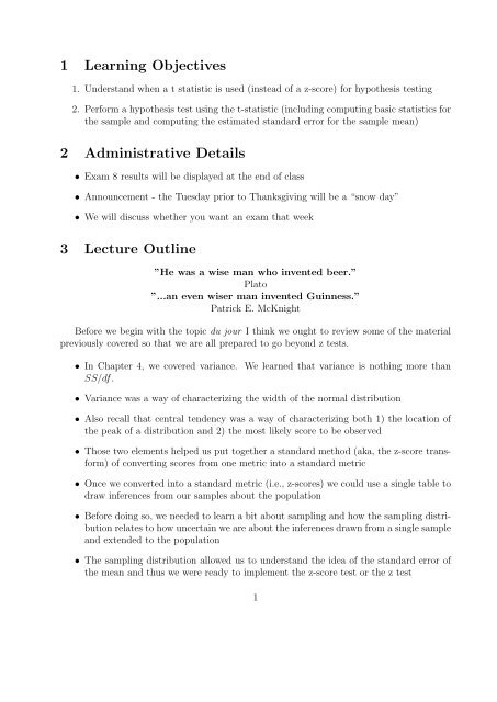 1 Learning Objectives 2 Administrative Details 3 Lecture Outline