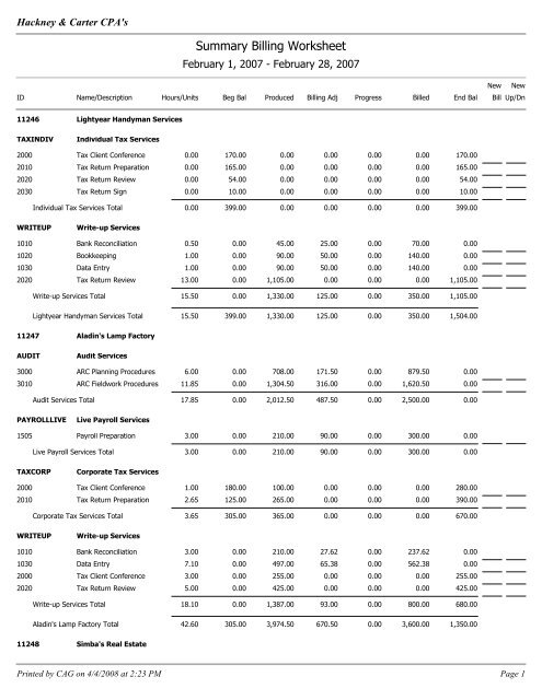 Summary Billing Worksheet - 02/28/07 - Practice CS Library