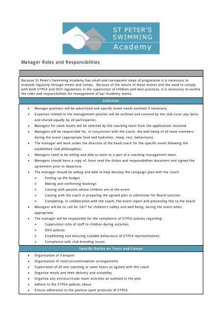 Manager Roles and Responsibilities - St Peter's School