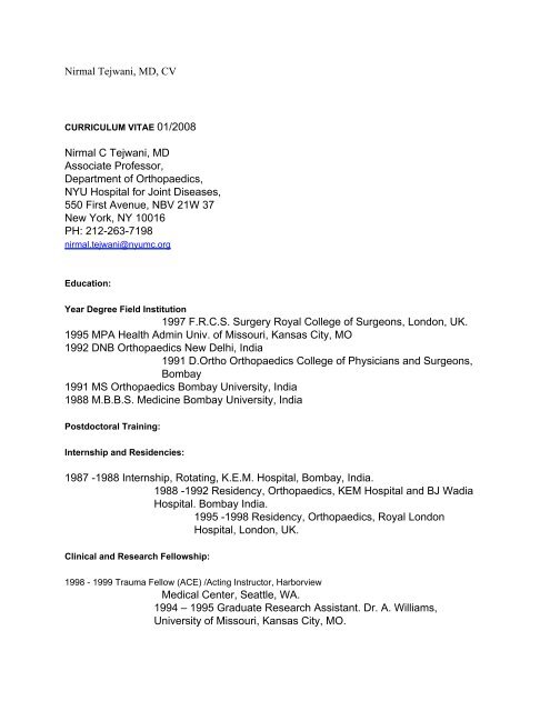 Nirmal Tejwani, MD, CV Nirmal C Tejwani, MD Associate Professor ...