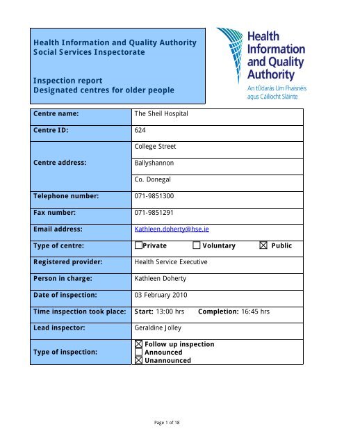 The Sheil Hospital, 624, nursing home inspection report - hiqa.ie