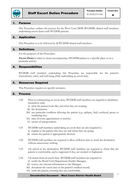 Staff Escort Duties Procedure - West Coast District Health Board