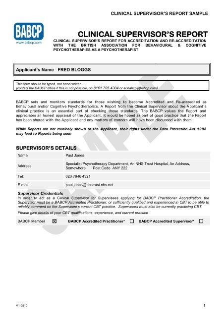 Clinical Supervisor's Report SAMPLE - BABCP
