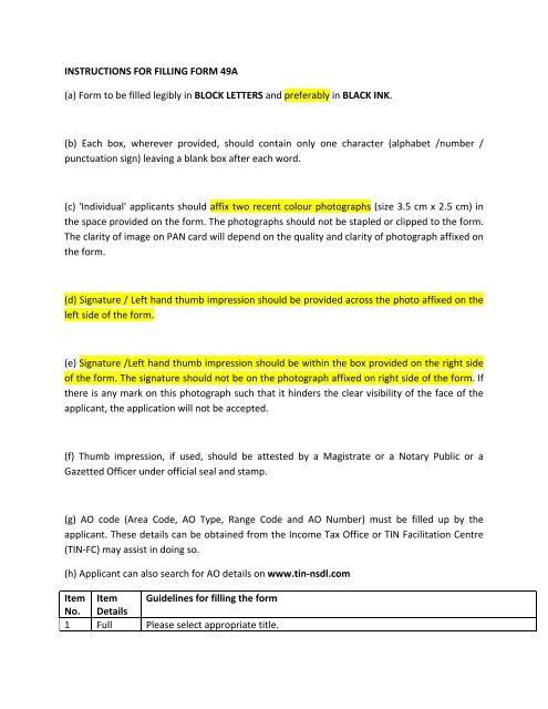 INSTRUCTIONS FOR FILLING FORM 49A (a) Form to be filled ...