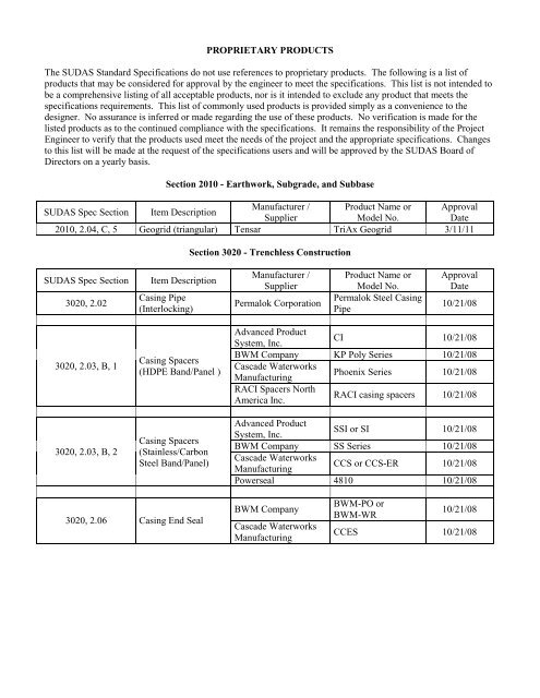 PROPRIETARY PRODUCTS The SUDAS Standard Specifications ...