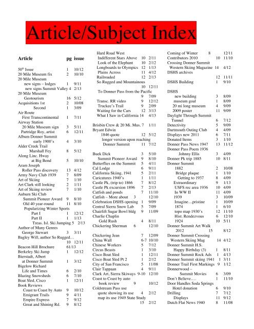 Article/Subject Index - Donner Summit Historical Society