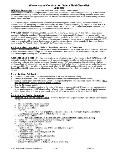 Whole House Combustion Safety Field Checklist