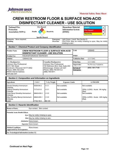 Crew Restroom Floor & Surface Non-Acid Disinfectant Cleaner