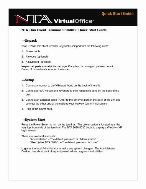 NTA Thin Client Terminal 8020/8030 Quick Start Guide ... - Devon IT