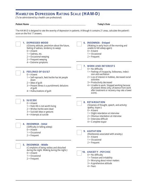 Hamilton Depression Scale Printable Hamilton Depression Scale Printable