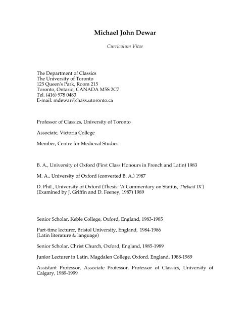 Michael John Dewar - Department of Classics - University of Toronto
