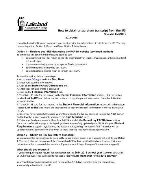 How to obtain a tax return transcript from the IRS