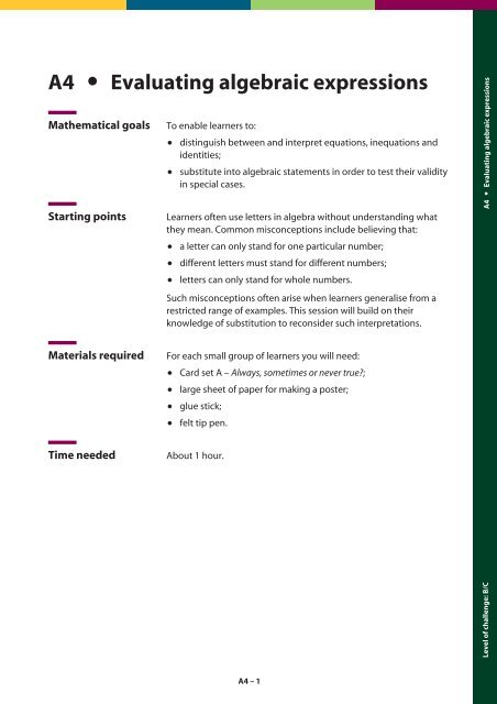 A4 Evaluating algebraic expressions - Mr Barton Maths