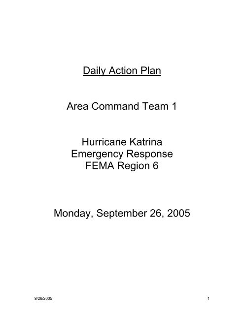 Daily Action Plan Area Command Team 1 Hurricane Katrina ...