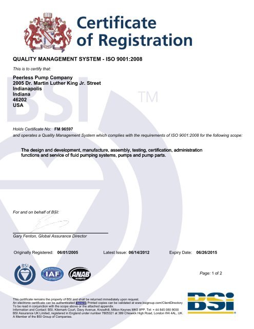 ISO 9001 BSI Certificate - Peerless Pump