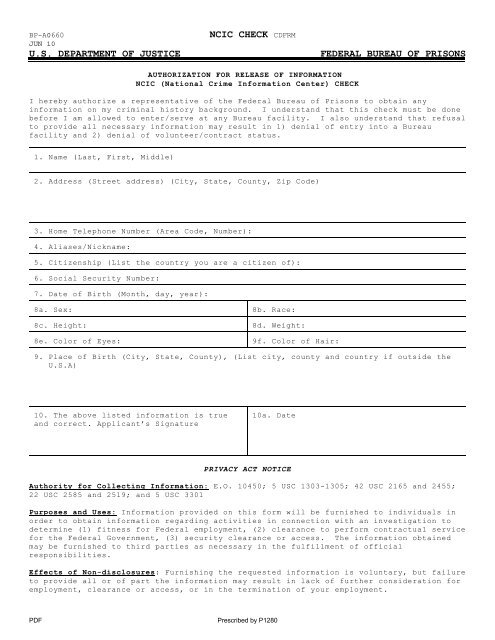 Form BP-S660.012, NCIC Check - Federal Bureau of Prisons