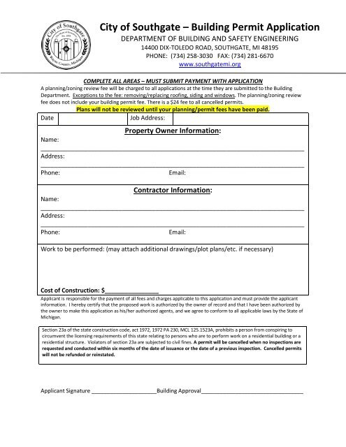Building Permit Application - City of Southgate Michigan