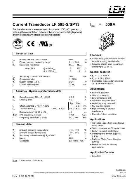 Current Transducer LF 505-S/SP13 I = 500A