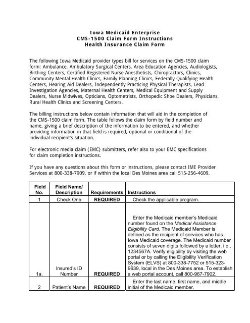 Iowa Medicaid Enterprise CMS-1500 Claim Form Instructions Health ...