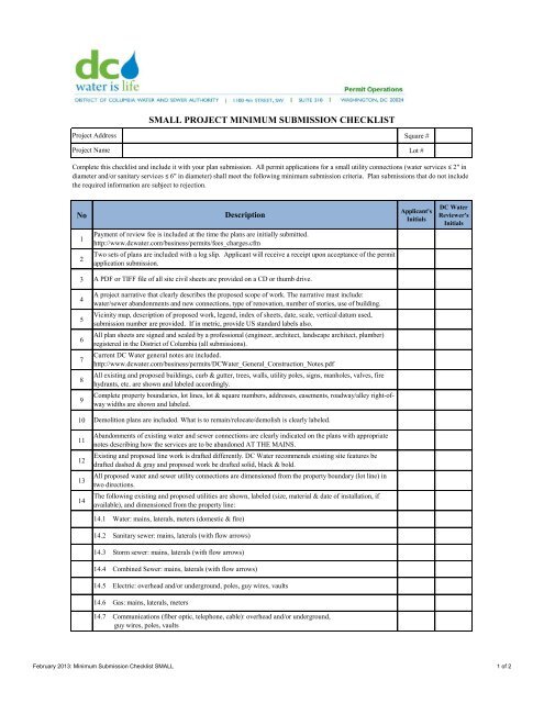 SMALL PROJECT MINIMUM SUBMISSION CHECKLIST - DC Water