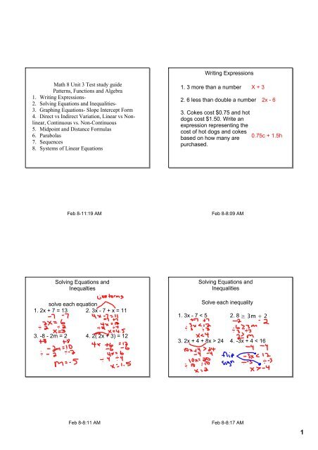 Math 8 Unit 3 Test study guide Patterns, Functions and Algebra 1 ... Math 8 Unit 3 Test study guide Patterns, Functions and Algebra 1 ...