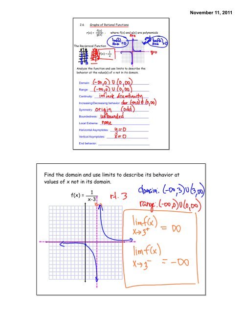 Find the domain and use limits to describe its behavior at values of x ...