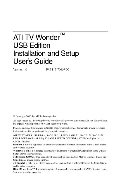 ATI TV Wonder USB Edition Installation and Setup User's Guide