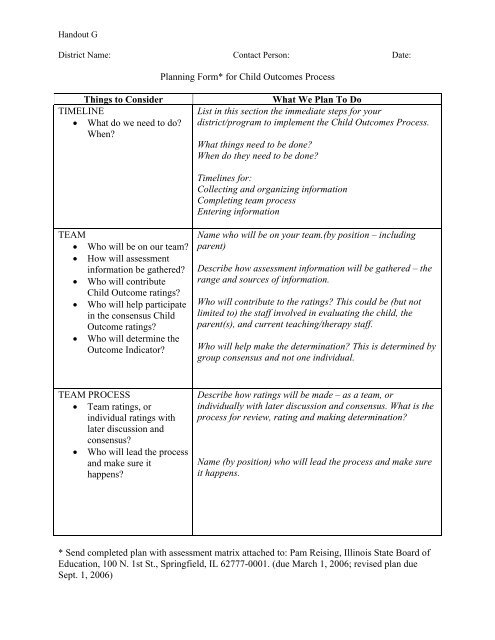 Planning Form For Child Outcome Process - Activity Sample