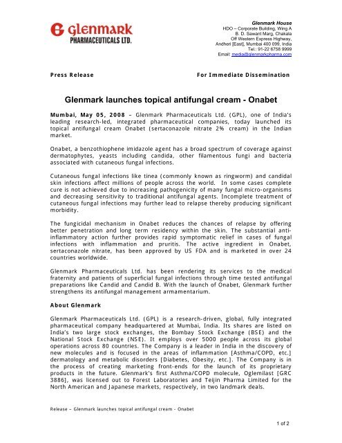 Release - Glenmark launches topical antifungal cream Onabet ...