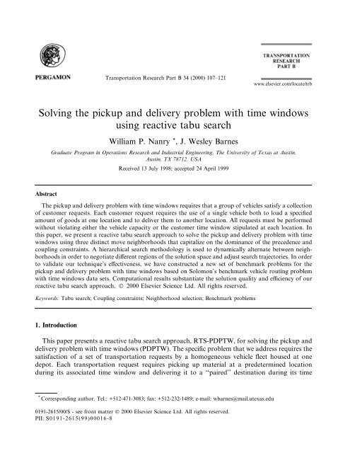 Solving the pickup and delivery problem with time windows ... - DIM
